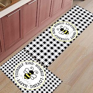 Savannan Kitchen Rug 2 PCS Set Floor Mat, Bee Black White Checkered Kind Humble Loving Happy Yourself Non-Slip Soft Absorbent Runner Mat Doormat for Doorway Bathroom Bedroom Laundry