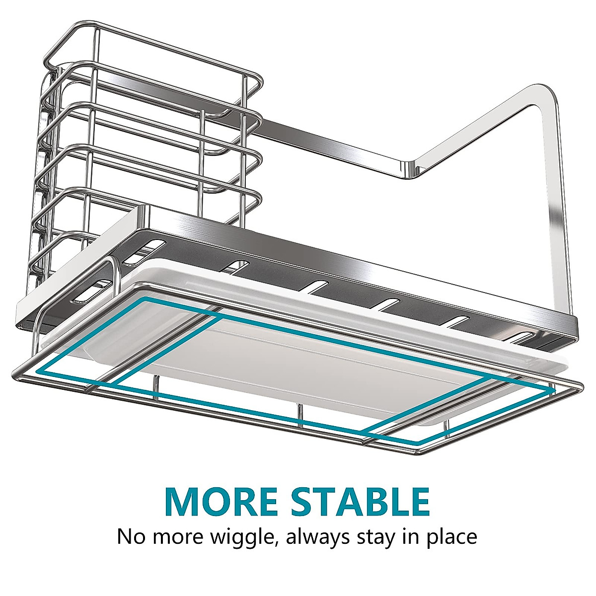 FavoThings Kitchen Sink Caddy Sponge Holder Dish Brush Storage with Drain Tray, SUS304 Stainless Steel, Countertop Sponge Brush Rags Soap Holder, Silver