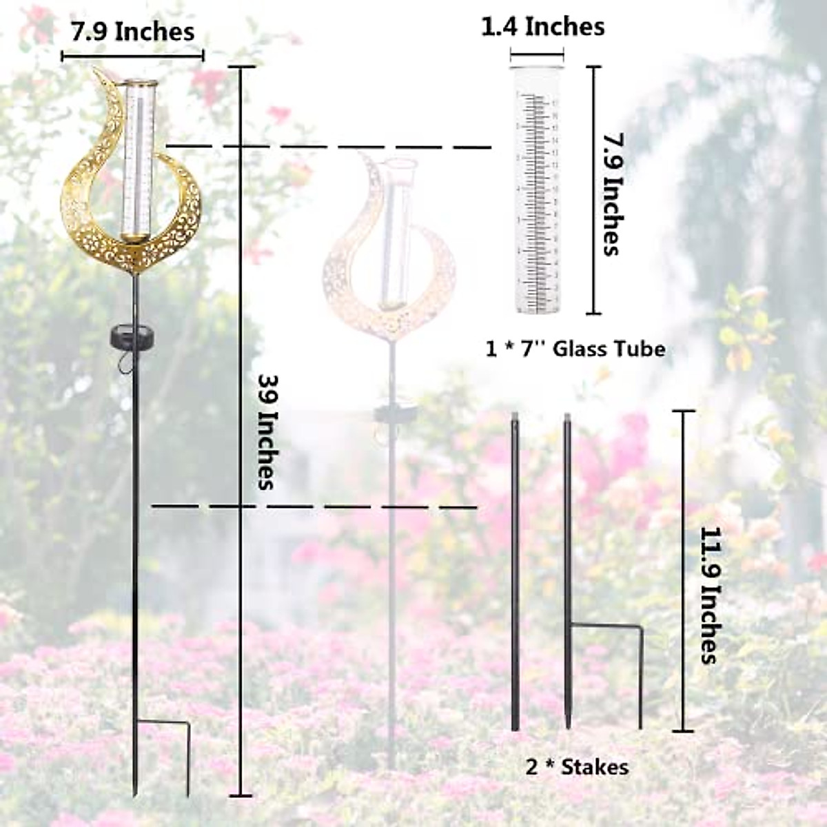HOBYLUBY 39'' Rain Gauge Outdoor - Solar Flame Design Rain Gauges for Yard, Lawn, Pathway, Patio
