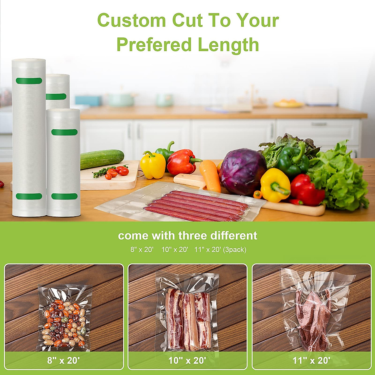 Gokilife Vacuum Sealer Bags, 8" x 20' 10" x 20' 11" x 20' Food Vacuum Bags Rolls 3 Pack, BPA Free, Heavy Duty, Cut to Size Roll for Vac Storage, Meal Prep or Sous Vide