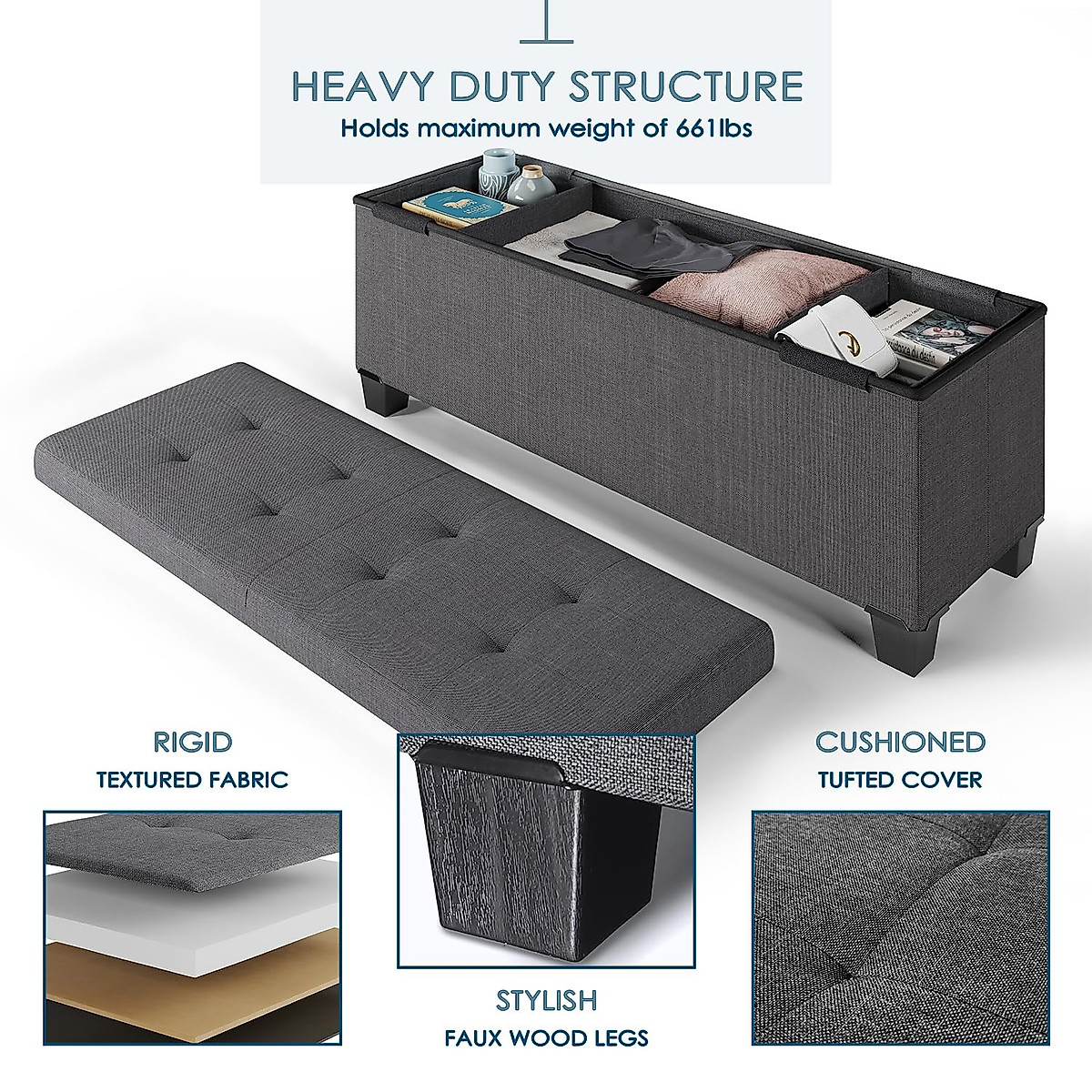 Storage Ottoman Bench, 43-In Storage Bench for Bedroom End of Bed, Large Ottoman Foot Rest with Storage Bins, Gray Ottoman with Storage for Living Room, Bench with Storage Max 660lbs, Fabric Ottoman
