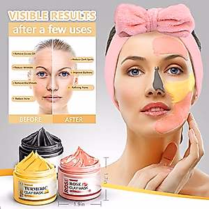5 Pcs Face Mask Skin Care Set for Deep Pore Cleansing Turmeric Vitamin C Clay Mask, Dead Sea Mud Mask, Rose Clay Mask for Face Masks Skincare Personal Skin Care Products Gifts Headbands for Women
