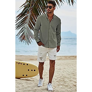 JMIERR Men's Cotton Linen Casual Stylish Button Down Shirt Long Sleeve Lightweight Dress Shirts Fashion Summer Beach Shirts Resort Wear,L,02 Green