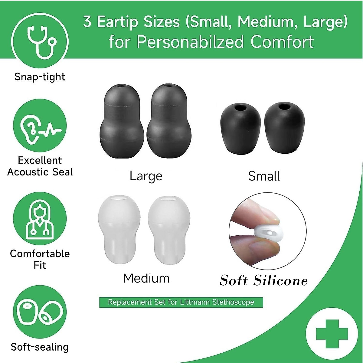 4 Pairs 3 Sizes(L,M,S) Littmann Stethoscope Replacement Ear Tip Piece, 6Pcs Littmann Stethoscope Accessories Spare Parts Soft Earplug Earbud Large Small Middle, 2Pcs MDF ADC Stethoscope Ear Cover Bud