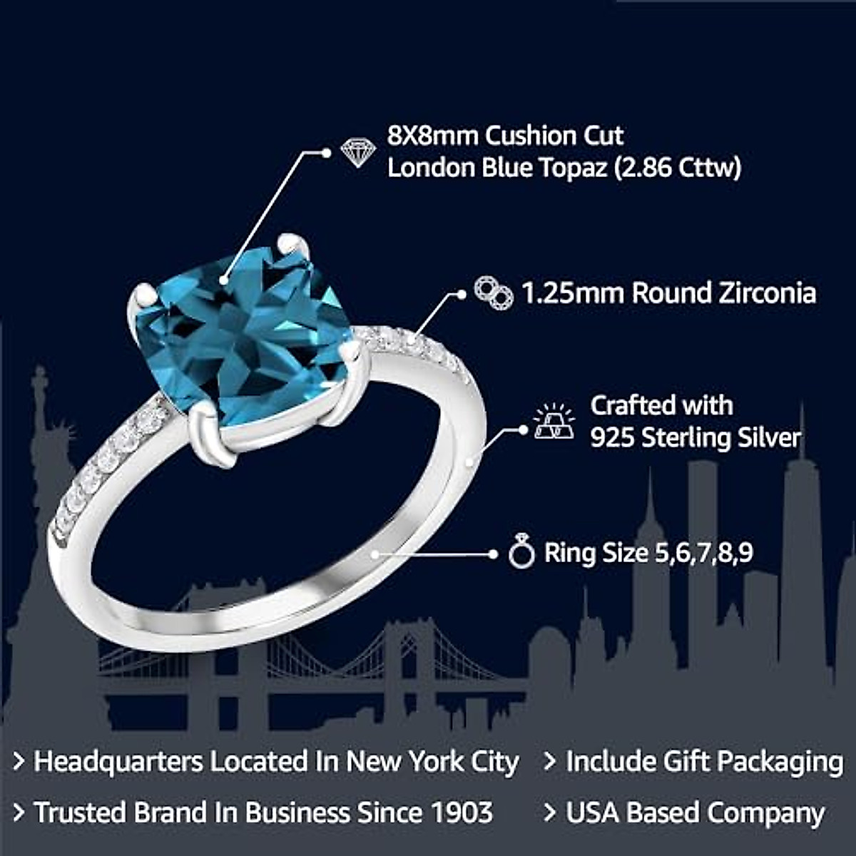 Gem Stone King 2.86 Cttw London Blue Topaz Engagement Ring For Women In 925 Sterling Silver | Cushion Cut 8MM | Gemstone Birthstone | Available In Size 5,6,7,8,9