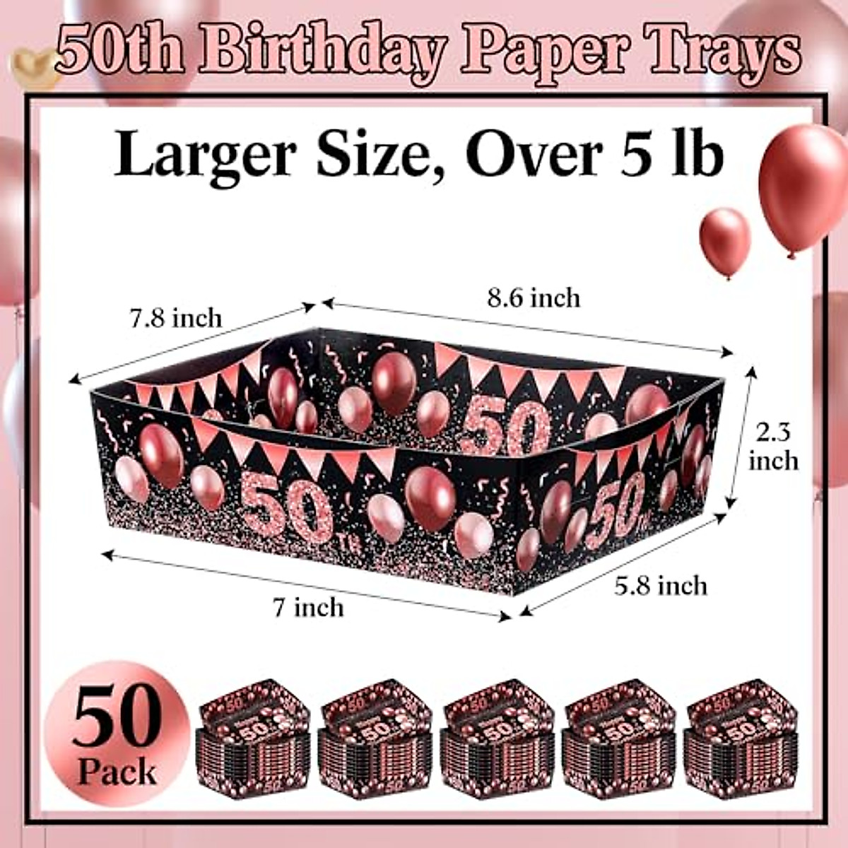 Tenceur 50 Pcs 50th Birthday Party Supplies Trays 5 lb Black and Rose Gold Large Paper Boats for Food Disposable Snack Serving Nacho Trays for Men Women Happy 50 Years Birthday Party Supplies