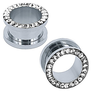 ZS 316L Stainless Steel Rhinestone Crystal Ear Tunnel Plugs Ear Gauges Expanders Body Piercing (White, 4g(5mm))