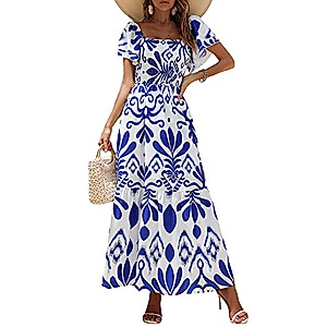 MakeMeChic Women's Floral Print Layered Short Sleeve Square Neck Ruffle High Waist A Line Summer Long Dress Blue and White XL