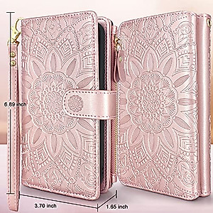 Harryshell Compatible with iPhone 14 Pro 6.1 inch 5G 2022 Wallet Case Detachable Magnetic Cover Zipper Cash Pocket Multi Card Slots Holder Wrist Strap Lanyard (Floral Rose Gold)