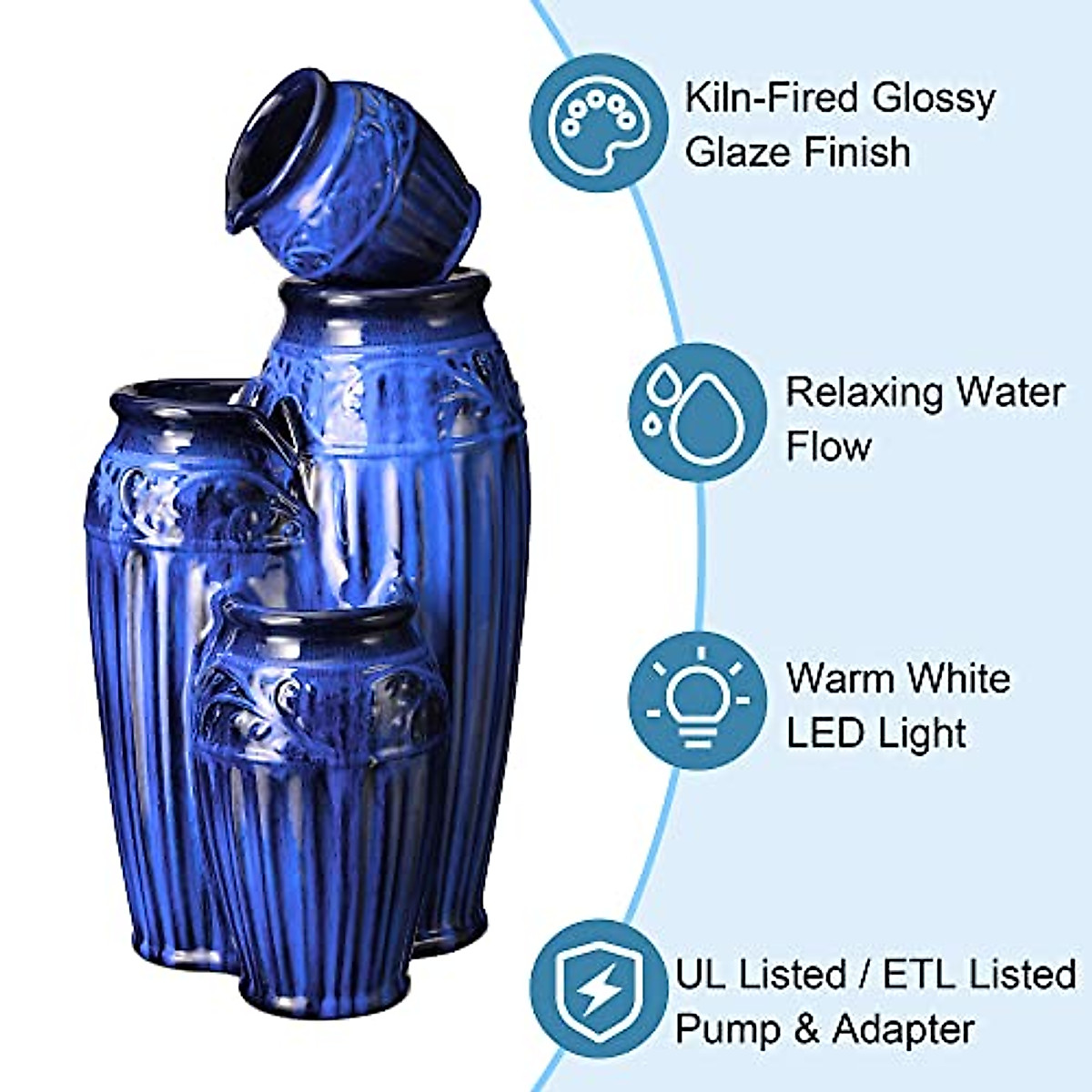 Glitzhome 27.25" H Outdoor Garden Water Fountain with LED Lights and Pump, 4 Tier Cobalt Blue Embossed Pattern Ceramic Pots Cascading Floor-Standing Fountain for Porch Deck Patio Backyard Decoration