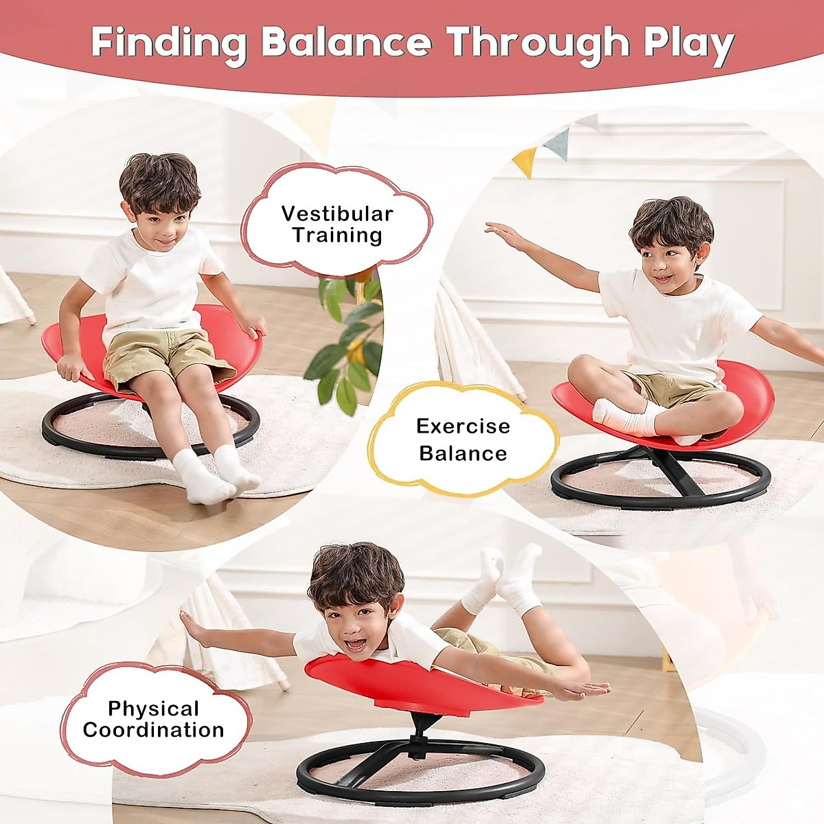 Generic Kids Sensory Swivel Chair, Autism Sensory Spinning Chair for Big Kids Sensory, Sensory Toy Chair, Training Body Coordination Wobble Chair for Kids Sit and Spin Relief of Motion Sickness (red)