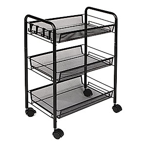 Ruishetop Rolling Push Cart Stand Shelves, Storage Rack with Wheels with Mesh Wire Basket, Multifunction Metal Trolley Organizer for Home, Office, Bedroom, Bathroom, Kitchen (3-Tier Black)
