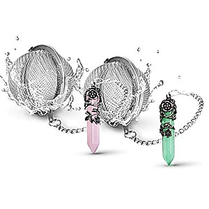 TeaSanavie 2 Pack Healing Crystal Pendant Loose Tea Steeper Tea Infusers Tea Strainers for Couple Gift,Antique Silver Flower Wrapped Natural Gemstone Hexagonal 18/8 Stainless Steel Fine Mesh Tea Ball