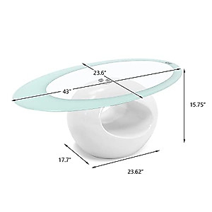 Modern White Glass Coffee Table for Living Room, with Glass Top & Glossy Solid Base for Storage, Sofa Side Central Table, Oval Glass Table Set for Living Room, Sitting Room