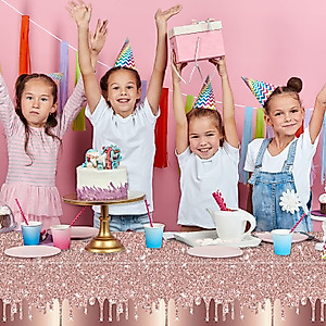 6pcs Pink Rose Gold Birthday Party Tablecloths Rose Gold Sequin Printed Plastic Table Cover Glitter Diamonds Happy Birthday Background for Girls Wedding Graduation Anniversary Indoor Outdoor（Plastic）