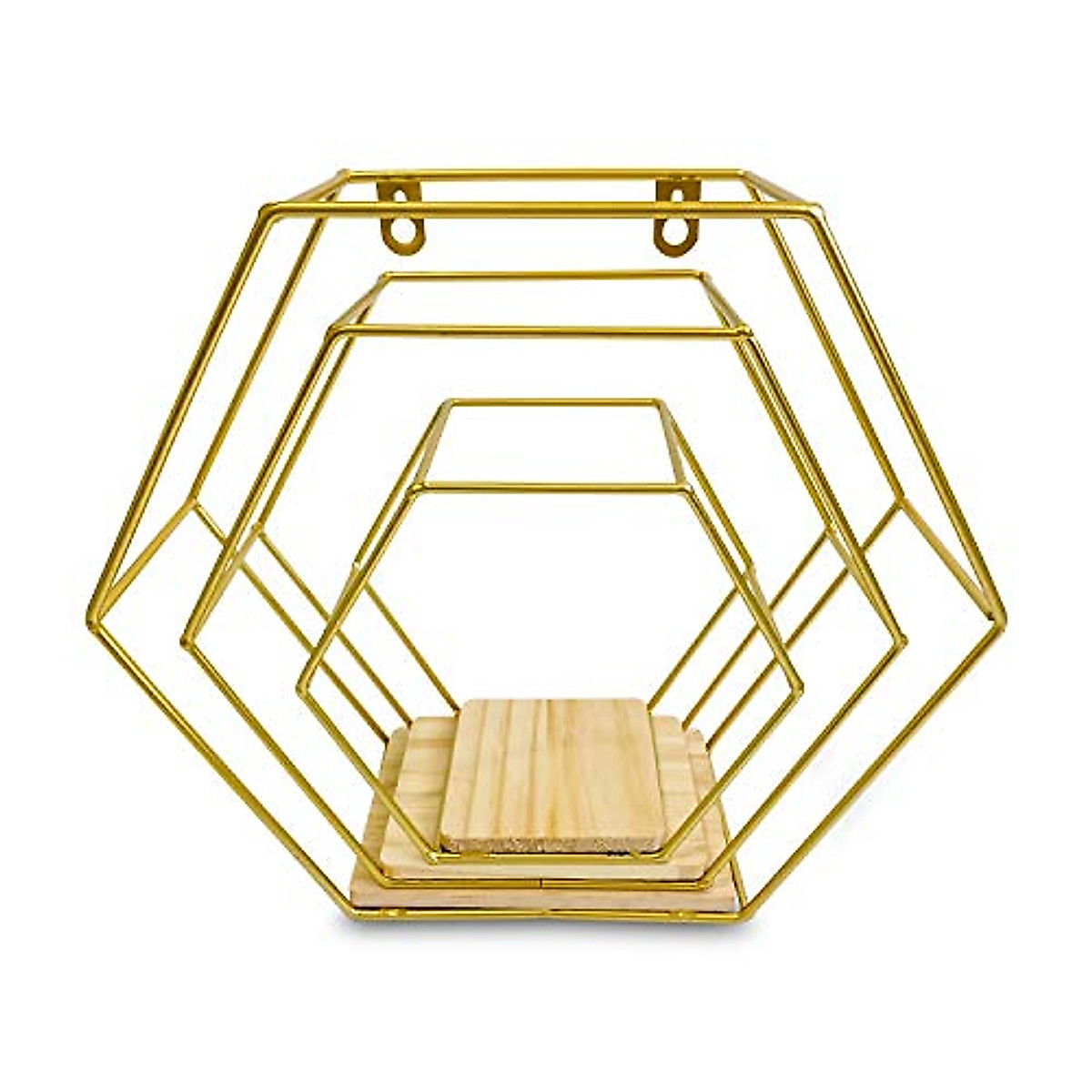 Wall Mounted Floating Hexagon Shelves, Metal Framed Gold Shelves with Wood Based in Modern Chic Style, for Wall Storage & Display in Living Room Or Bedroom, Set of 3 Size (Large, Medium & Small)