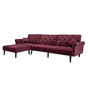 MOEO 115" Reversible Button Tufted Sectional Sofa with 2 Pillows and Chaise Lounge, L-Shaped Nailhead Decor Corner Sofá Convertible Sleeper Velvet Couch Bed for Living Room Furniture, Red