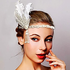 CASDRE Vintage White Feather Headband Pearl 1920s Headpieces Crystal 20s Hair Accessories for Women and Girls