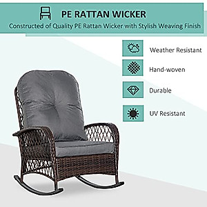 Outsunny Outdoor Wicker Rocking Chair with Wide Seat, Thick, Soft Cushion, Rattan Rocker w/Steel Frame, High Weight Capacity for Patio, Garden, Backyard, Grey