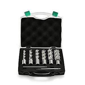 Annular Cutters Set 6pcs JESTUOUS 3/4 Inch Weldon Shank 2 Cutting Depth 7/16 to 1-1/16 Cutting Diameter HSS Slugger Bits for Magnetic Drill Press with 2 Pilot Pins