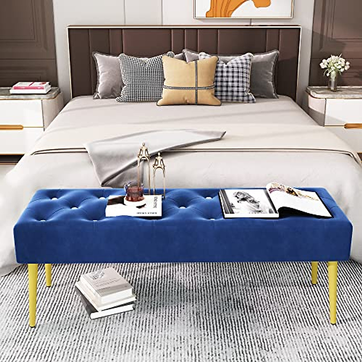 Lamerge Velvet Entryway Bench, Modern Upholstered Tufted Ottoman Stool with Embedded Crystal, Footrest Accent Bench end of Bed Stool for Doorway, Living Room, Lock Room, Bedroom 44"×15"×18" (Blue)