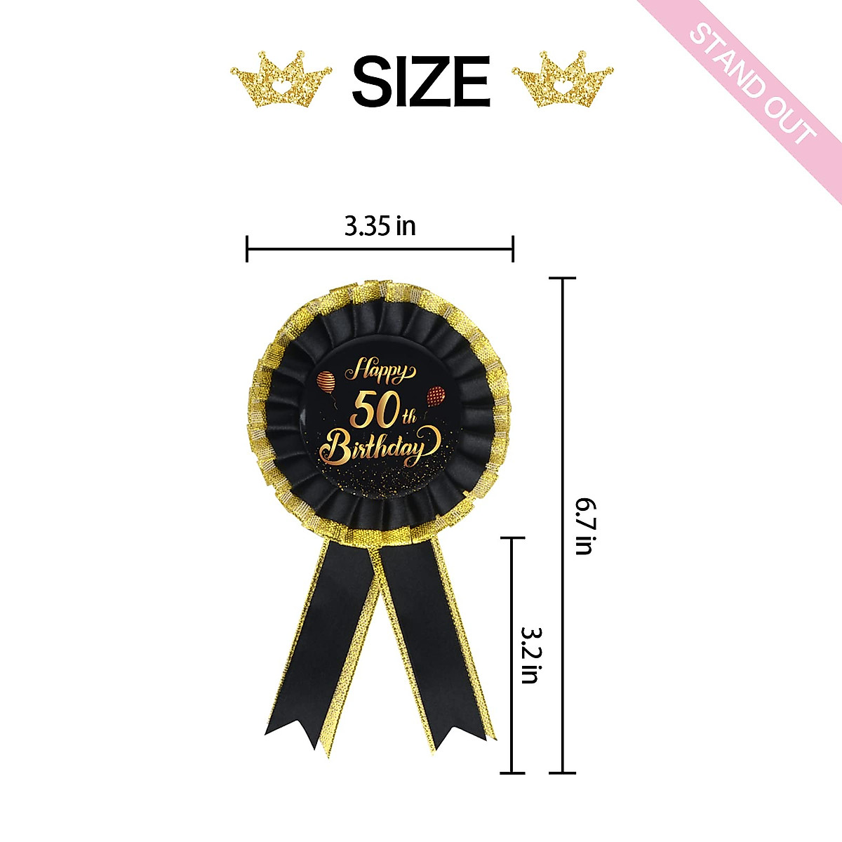 INNORU Happy 50th Birthday Tinplate Badge Pin, Satin Fabric 50th Birthday Pin, Cheers to 50 Years Rosette Button Pins, Happy Birthday Party Accessory Brooch Pin Party Decorations Black - Pack of 1