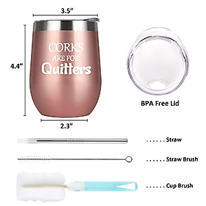 Corks Are For Quitters Stainless Steel Wine Tumbler for Women, Unique Birthday Christmas Gifts for Women Quitters Her Wine Lovers, Stemless Insulated Wine Tumbler with Lid(12oz, Rose Gold)