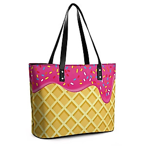 Womens Handbag Strawberry Ice Cream Print Leather Tote Bag Top Handle Satchel Bags For Lady