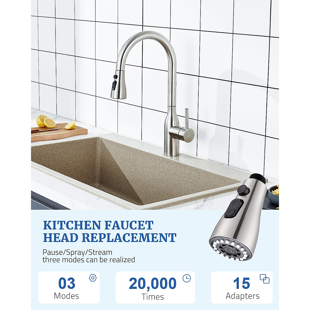 Kitchen Faucet Head Replacement with 15 Adapters - 3 Functions Pull Down Spray Head for Kitchen Faucet, Pull Out Faucet Sprayer Head Nozzle, Kitchen Sink Faucet Sprayer Head Parts, Brushed Nickel
