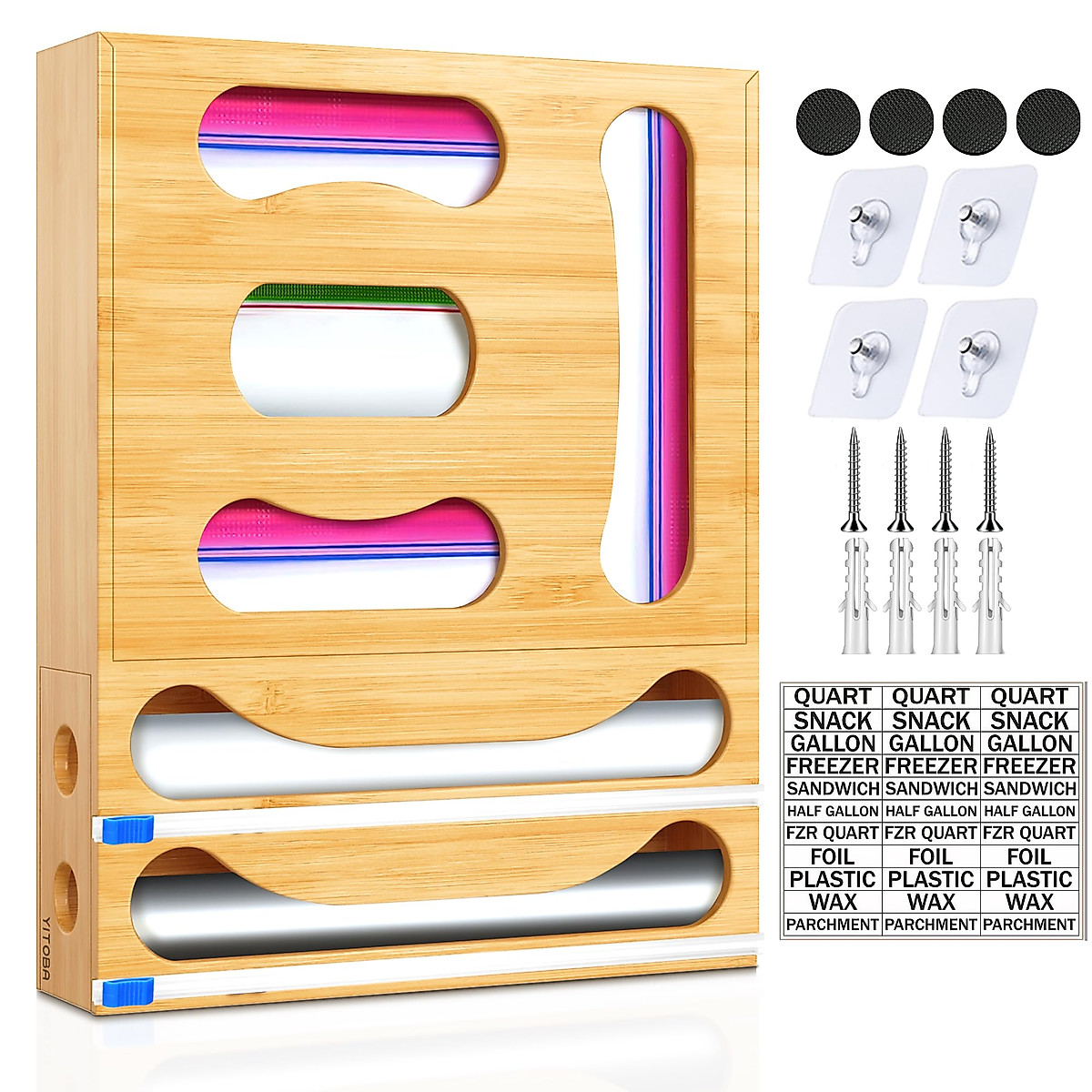 YITOBA Thicker Bag Storage Organizer, Bamboo Baggie Organizer with Aluminum Foil Dispenser, Foil and Plastic Wrap Organizer with Cutter, 6 in 1 Sandwich Bag Organizer for Drawer Kitchen