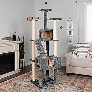 Furhaven Tiger Tough Cat Tree Double Decker Playground w/ Toys & Condo - Silver Gray, One Size