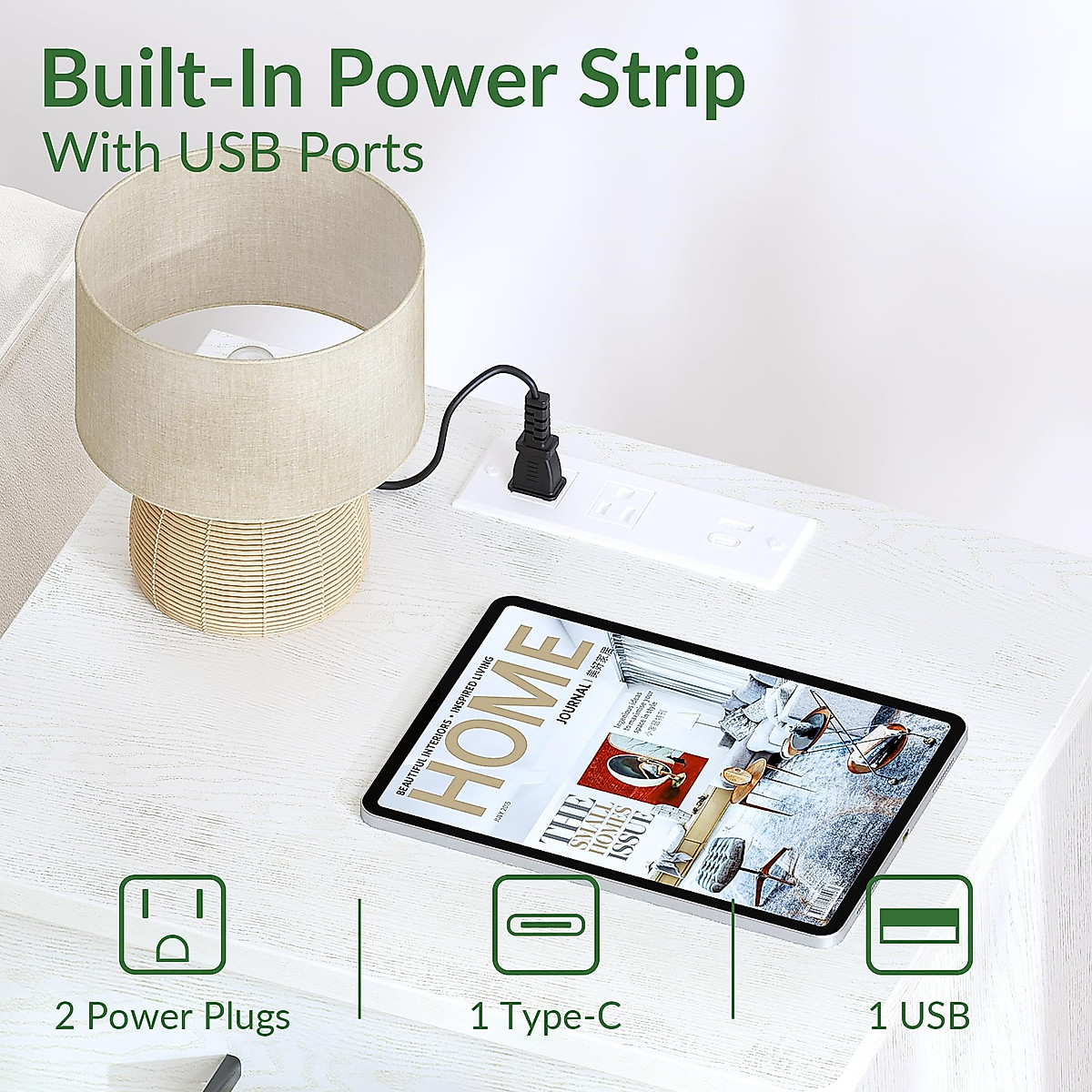 ODIKA Everyday Side Table with Fast Charging Station - USB C Cable Fast Charging, Wooden White Nightstand Bedside Table with Drawer, End Table with Optional Adjustable Shelf for Bedroom, Set of 1