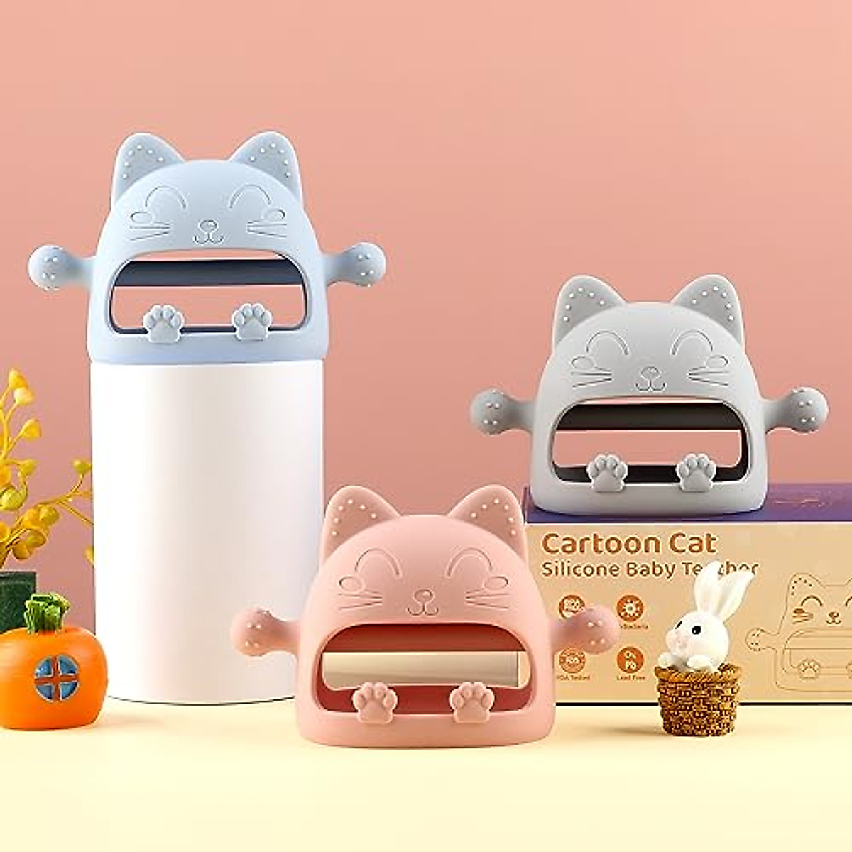 3 Pack Baby Teether Toys,Teething Toys for Babies 0-6 Months,Never Drop Baby Chew Toys with Cute Cat Pattern,Hand Teether Pacifiers for Teething Relief,Ideal Baby Shower Gifts for New Moms & Newborn