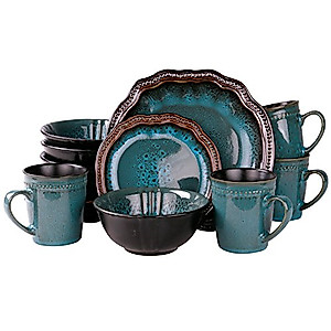 Elama Stoneware Round Oval Dinnerware Dish Set, Ocean Blue