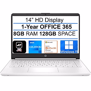 2022 Newest HP Stream 14" HD Laptop, Intel Celeron N4020(up to 2.8GHz), 8GB RAM, 128GB Space(64GB eMMC+64GB Card), 1-Year Office 365, WiFi, HDMI, USB-C, Webcam, Bluetooth, Windows 11S, White+JVQ MP