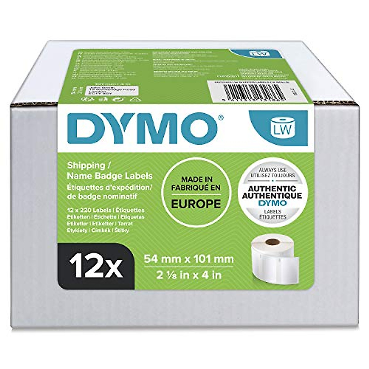 Dymo 54 mm x 101 mm LW Large Shipping Labels/Name Badges, 12 Rolls of 220 (2,640 Easy-Peel Labels), Self-Adhesive, for LabelWriter Label Makers, Authentic - Black, White