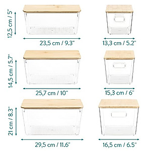 Navaris Transparent Plastic Storage Boxes with Lids - Set of 3 Clear Stackable Household Organizing Containers Bins with Bamboo Lids - S, M, L