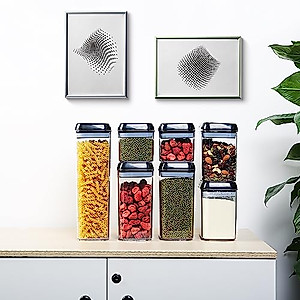 OMNISAFE Airtight Food Storage Container Set, 7Pcs Kitchen Organization Containers, BPA Free Clear Plastic Canisters for Cereal, Sugar & Dry Food with Easy Lock Lid, Include 9 Labels, Square Black