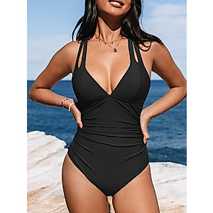 CUPSHE Women One Piece Swimsuit Deep V Neck Tummy Control Double Straps S Black