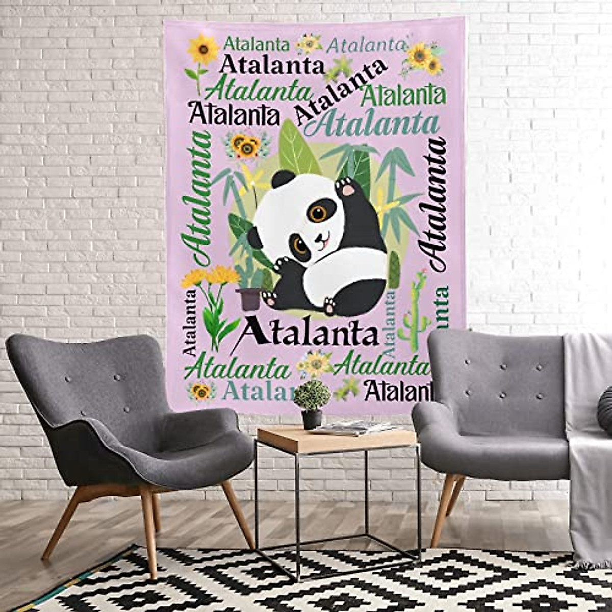 Flowers and Funny Panda Personalized Blanket with Name Soft Fleece Throw Blankets for Men Women Birthday Wedding Gift 50X60 inch