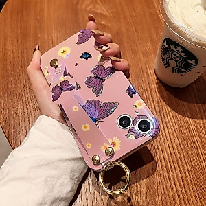 Lastma for iPhone 13 Mini Case Cute with Wrist Strap Kickstand Glitter Bling Cartoon IMD Soft TPU Shockproof Protective Cases Cover for Girls and Women (Butterfly)