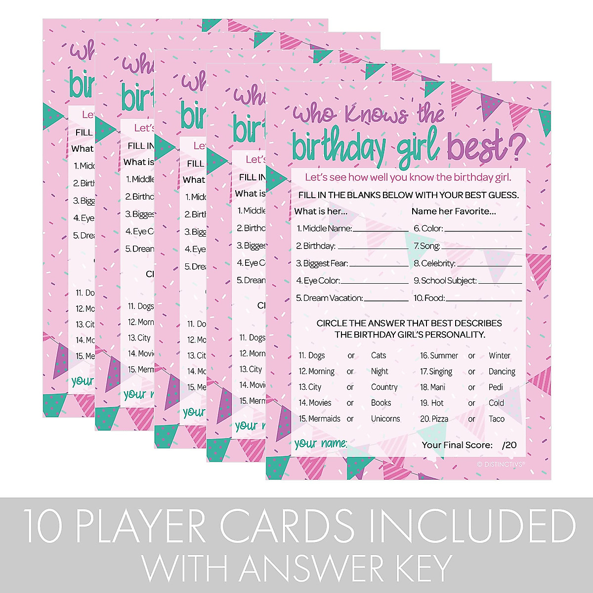 DISTINCTIVS Who Knows The Birthday Girl Best Party Game - 10 Game Cards - Girly Pink and Purple Tween Birthday Party Supplies