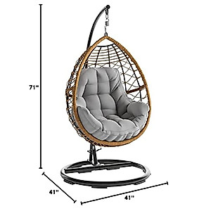 MOD Steel Furniture Willa Hanging Egg Chair with Stylish Rattan Wicker and Boho Plush Cushion-WILLAEGG-Gry, Grey/Tan