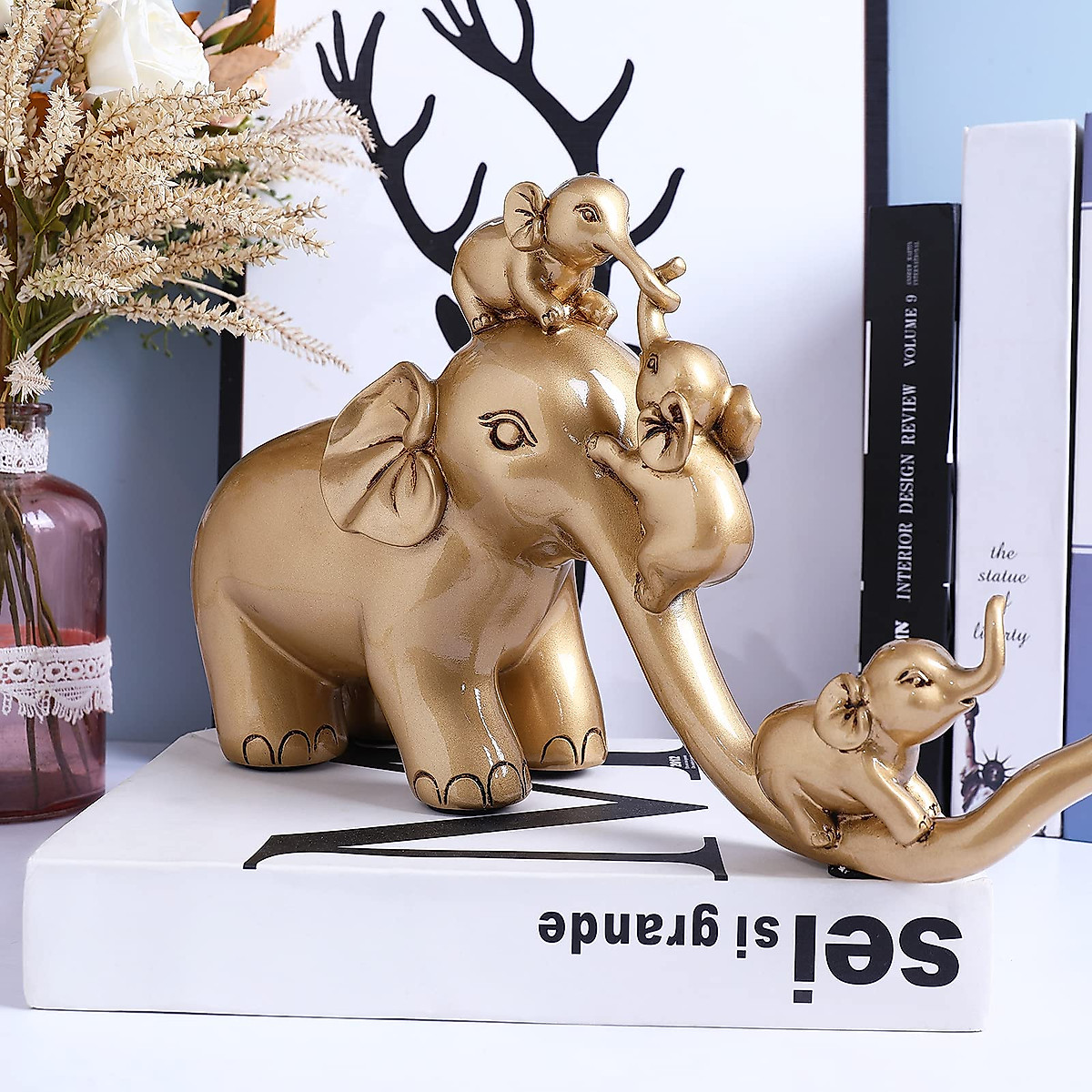 RahTune Elephant Statue, Elephant Figurines, Elephant Home Decor, Decorations for Home (Gold)