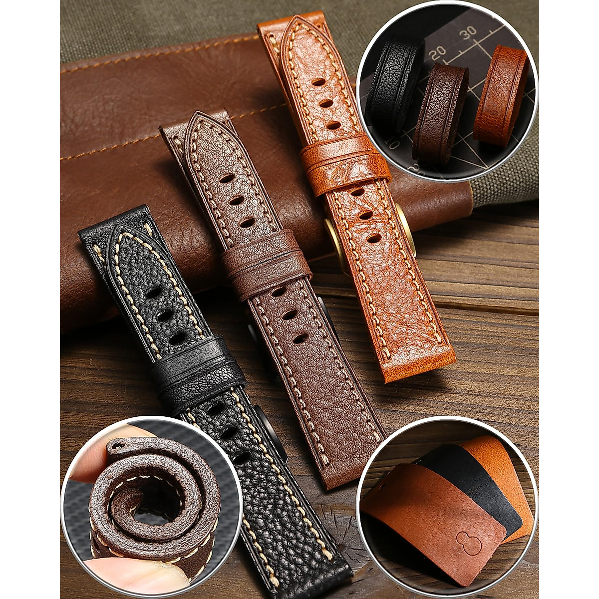 REZERO Leather Watch Bands, Handmade Watch Straps, Italian Top Grain Soft Leather Watch Bands Replacement, Vegetable-Tanned & Oil-Waxed Watch Bracelets 18/19/20/21/22/23/24/26mm for Men, Women