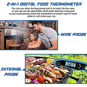 Digital Meat Thermometer for Cooking - Comluck CA002 Instant Read Meat Thermometer for Grilling and Smoking 2-in-1 Dual Probe Oven Safe Food Thermometer with Alarm for Grill BBQ Steak Turkey