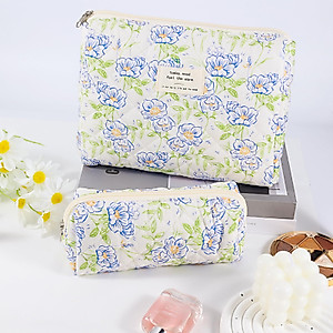 Quilted Cotton Cosmetic Bag 2Pcs Coquette Makeup Bag Travel Makeup Bag for Women Large Makeup Pouch Aesthetic Floral Cosmetic Pouch Toiletry Bag for Women Gift for Lover Daughter Sister Mom