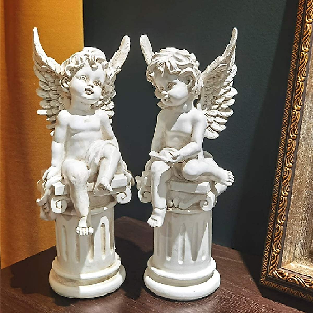 OwMell Set of 2 Cherub Angels on Roman Pillar Garden Statue Greek Column Angel Figurine Sculpture Indoor Outdoor Home Garden Decoration Antique Resin 9.8"