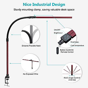 DUKTIG LED Desk Lamp for Women, Double Head Architect Desk Lamp, Bright Desk Lamps with Clamp, 5 Color Modes and Dimmable Tall Desk Lamps for Home Office, Studio (24W, Crimsonb Red)