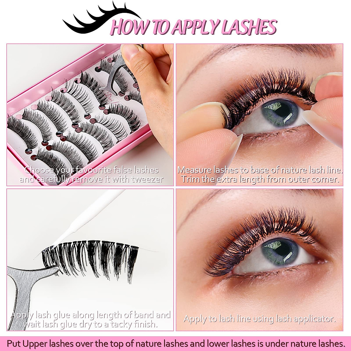 20 Pairs False Eyelashes, Top and Bottom Lashes Set, Wispy Mink Lashes Lower Lashes, Faux Mink Anime Lashes Reusable Lashes for Cosplay with Eyelash Applicator